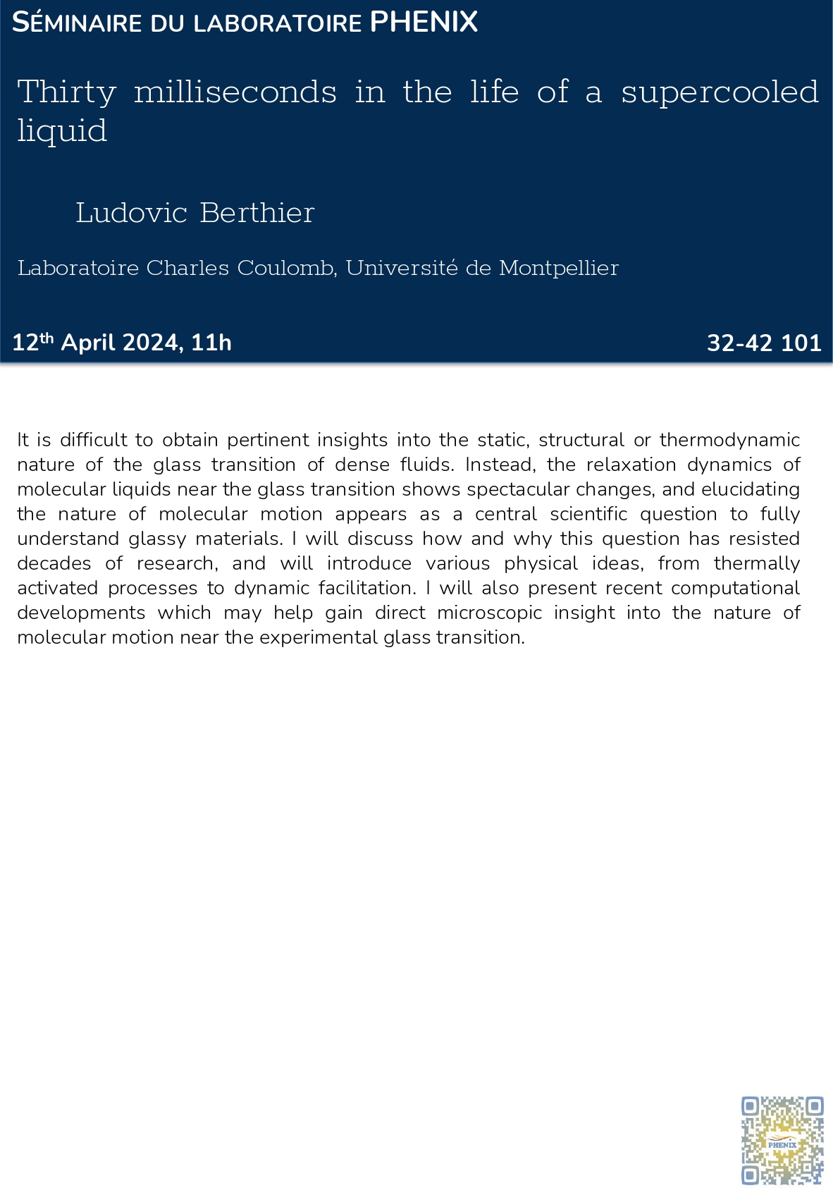 Séminaiare PHENIX - Dr Ludovic Berthier - 12 avril 2024 | Initiative ...
